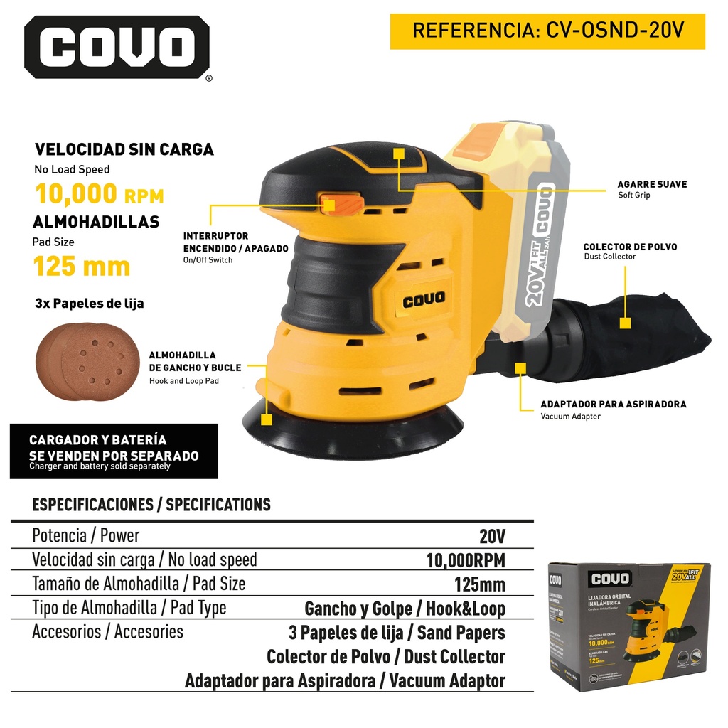 LIJADORA ORBITAL INALAMBRICO 20V COVO | Litani Import Export